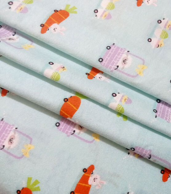 Chicks And Bunnies In Cars On Blue Super Snuggle Flannel Fabric By Pop