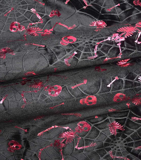 Foil Skeletons On Black Halloween Velvet Fabric By The Witching Hour