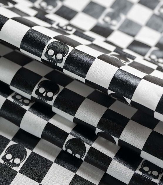 Black And White Checks With Skulls Halloween Foil Cotton Fabric Joann