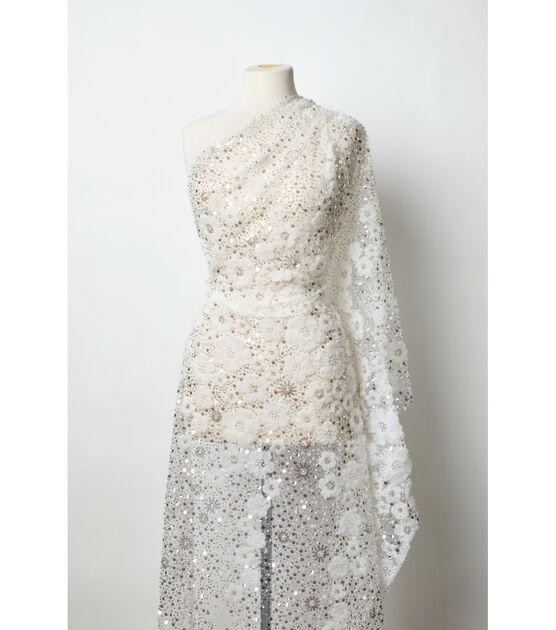Badgley Mischka White Floral Beaded Mesh Fabric Joann