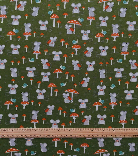 Mice And Mushrooms On Green Jersey Knit Fabric By Pop Joann
