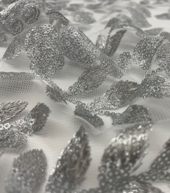 Embroidered Silver Metallic Leaves With Glitter Sequin Mesh Fabric By