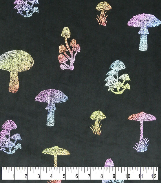 Mutlicolor Metallic Mushrooms On Black Pure Plush Fleece Fabric Joann
