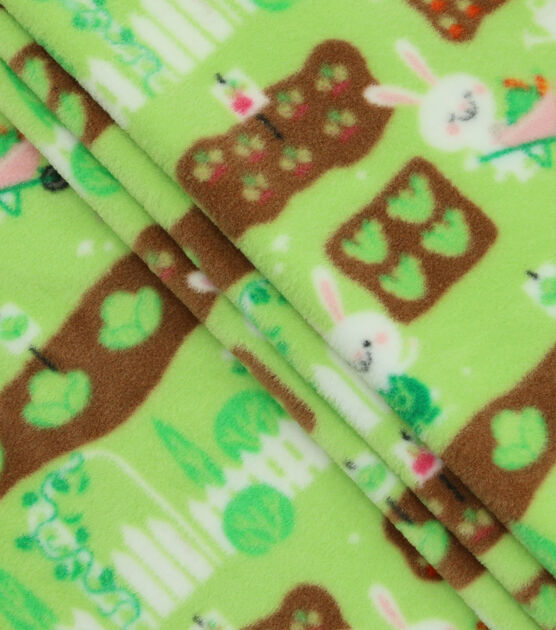 Bunnies Gardening On Green Anti Pill Plush Fleece Fabric By Pop Joann