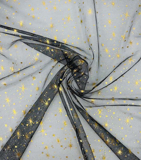 Two Toned Foil Stars On Black Halloween Mesh Fabric By The Witching