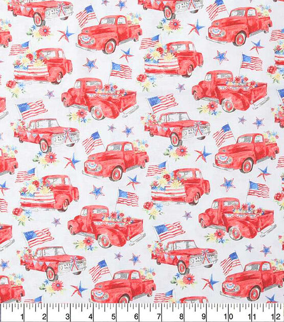 Fabric Traditions Floral Trucks On White Patriotic Cotton Fabric Joann