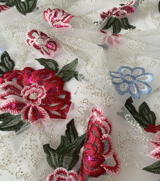 Sequin Floral On White Embroidered With Beads Mesh Fabric Joann