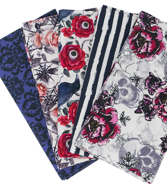 Singer 18 X 21 Skull And Rose Halloween Cotton Fabric Quarter Bundle