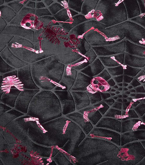 Foil Skeletons On Black Halloween Velvet Fabric By The Witching Hour