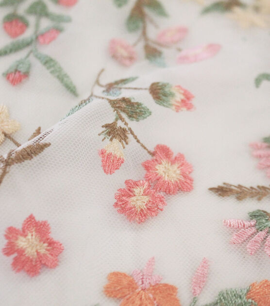 Wild Flower On White Scallop Edge Embellished Mesh Fabric By Sew Sweet