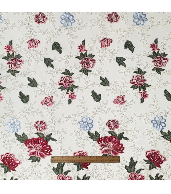 Sequin Floral On White Embroidered With Beads Mesh Fabric Joann