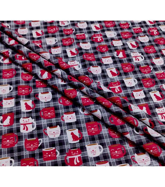 Cat Mugs On Gray Plaid Christmas Cotton Fabric Joann