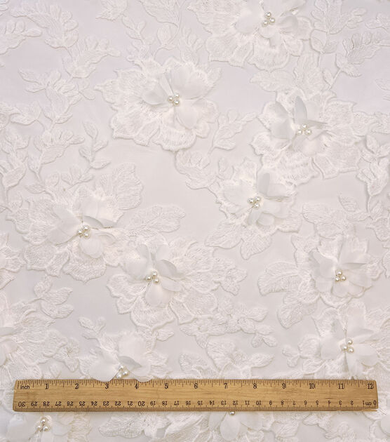 3d White Floral Embroidered With Pearls Mesh Fabric Joann Canada