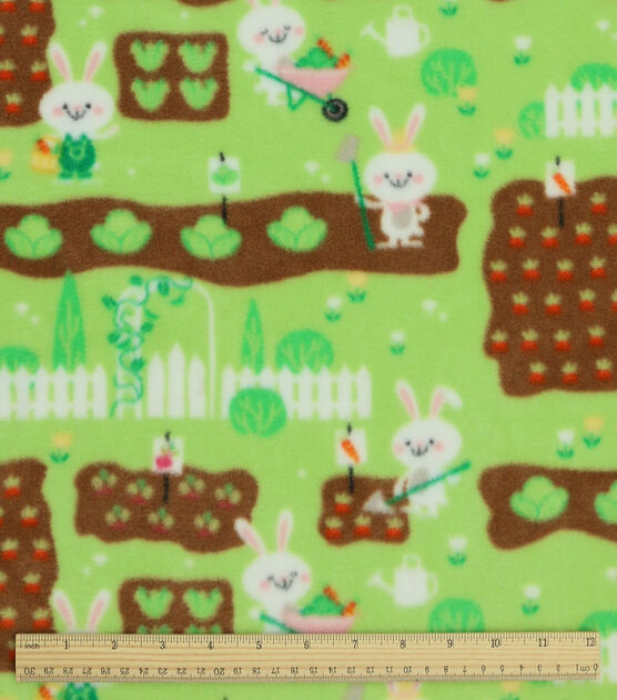 Bunnies Gardening On Green Anti Pill Plush Fleece Fabric By Pop Joann