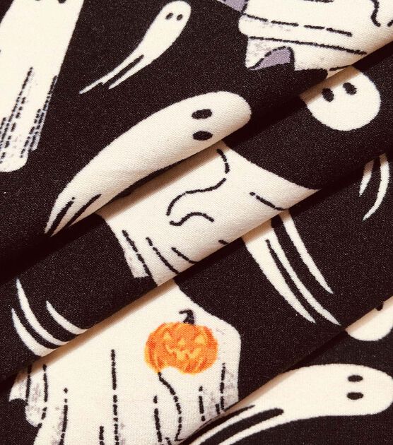 Ghosts With Pumpkins On Black Halloween Double Brush Jersey Knit Fabric